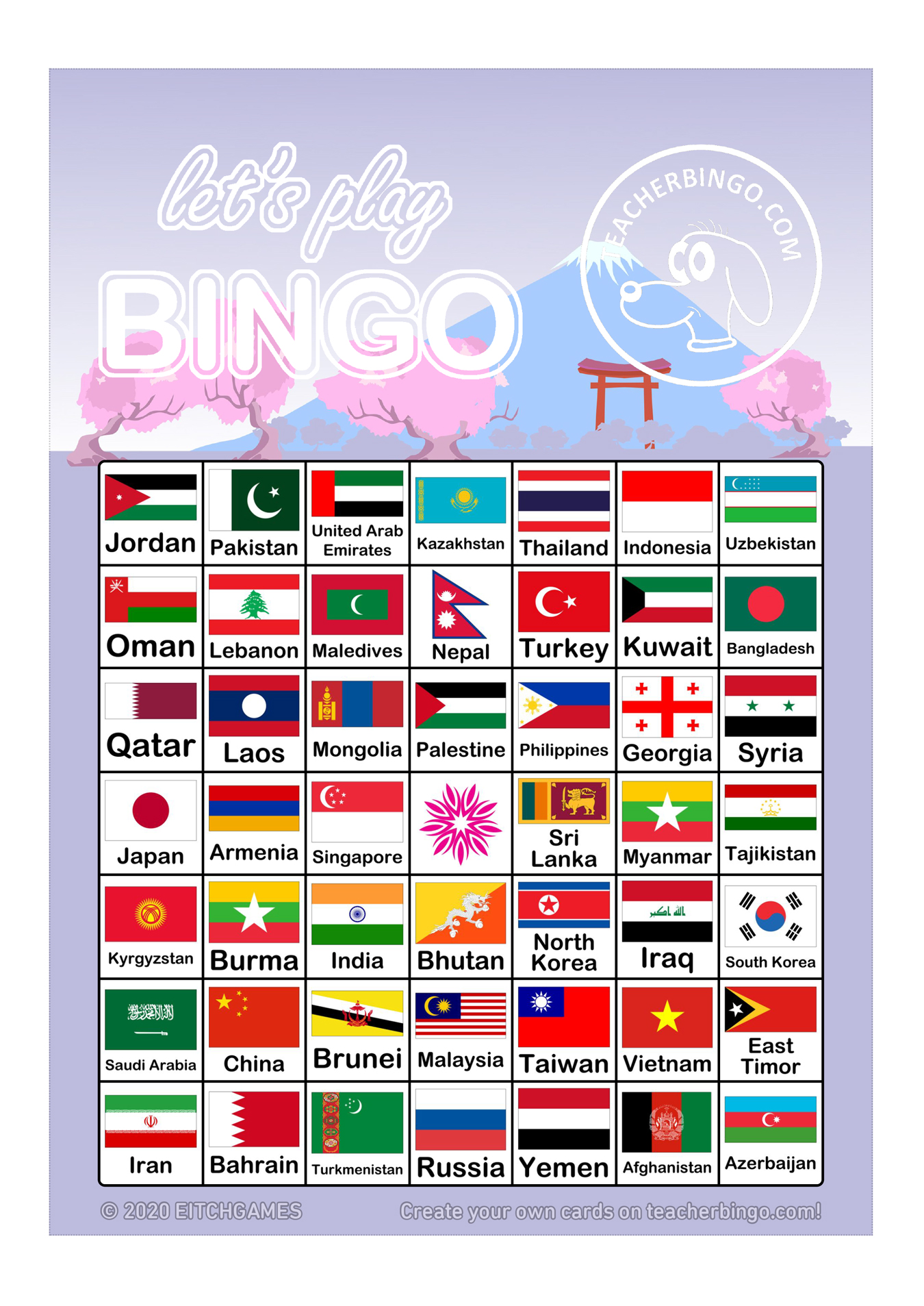 Asia Flags Bingo 7x7 (100 pages + call sheet) | Made By Teachers