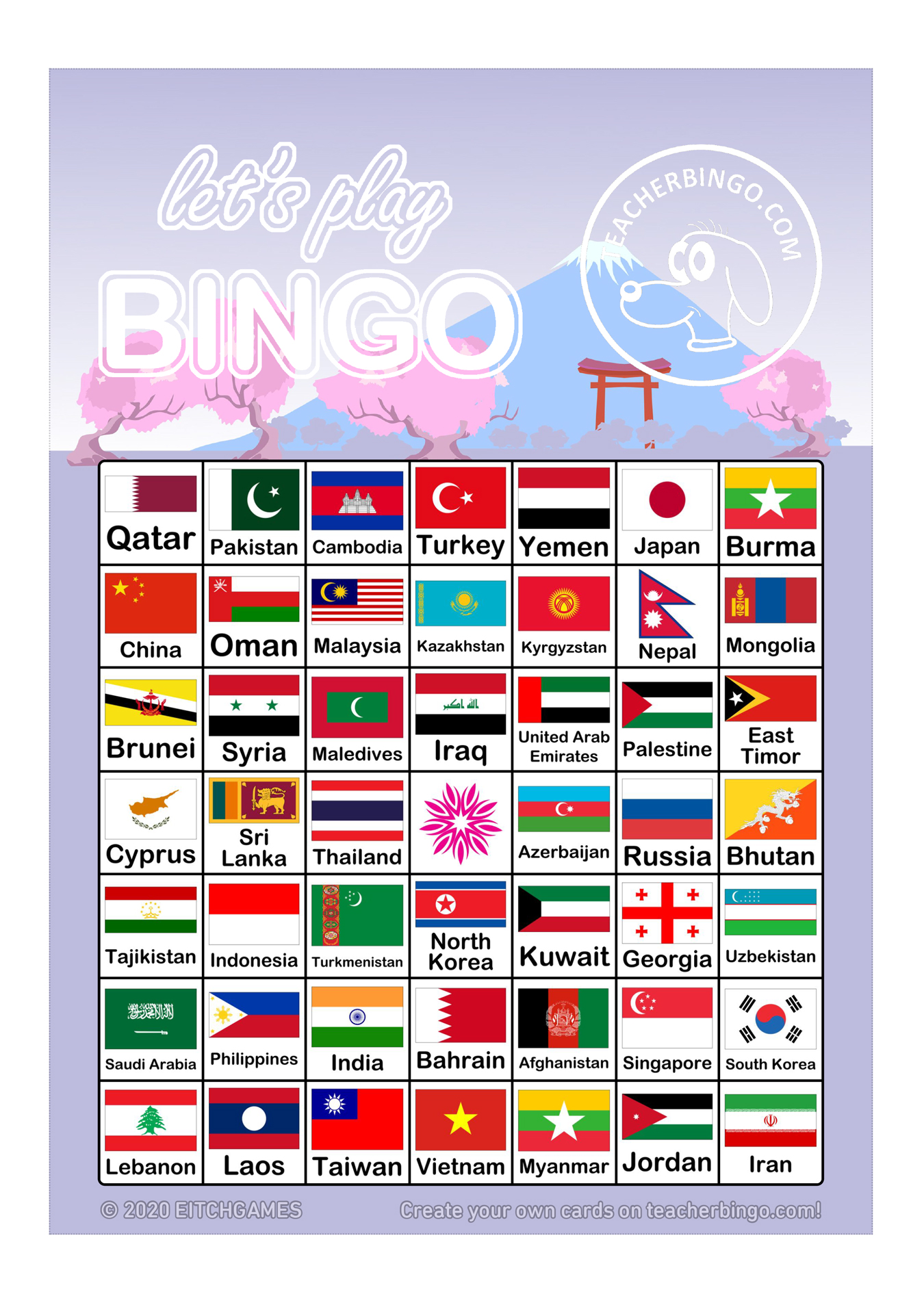 Asia Flags Bingo 7x7 (100 pages + call sheet) | Made By Teachers