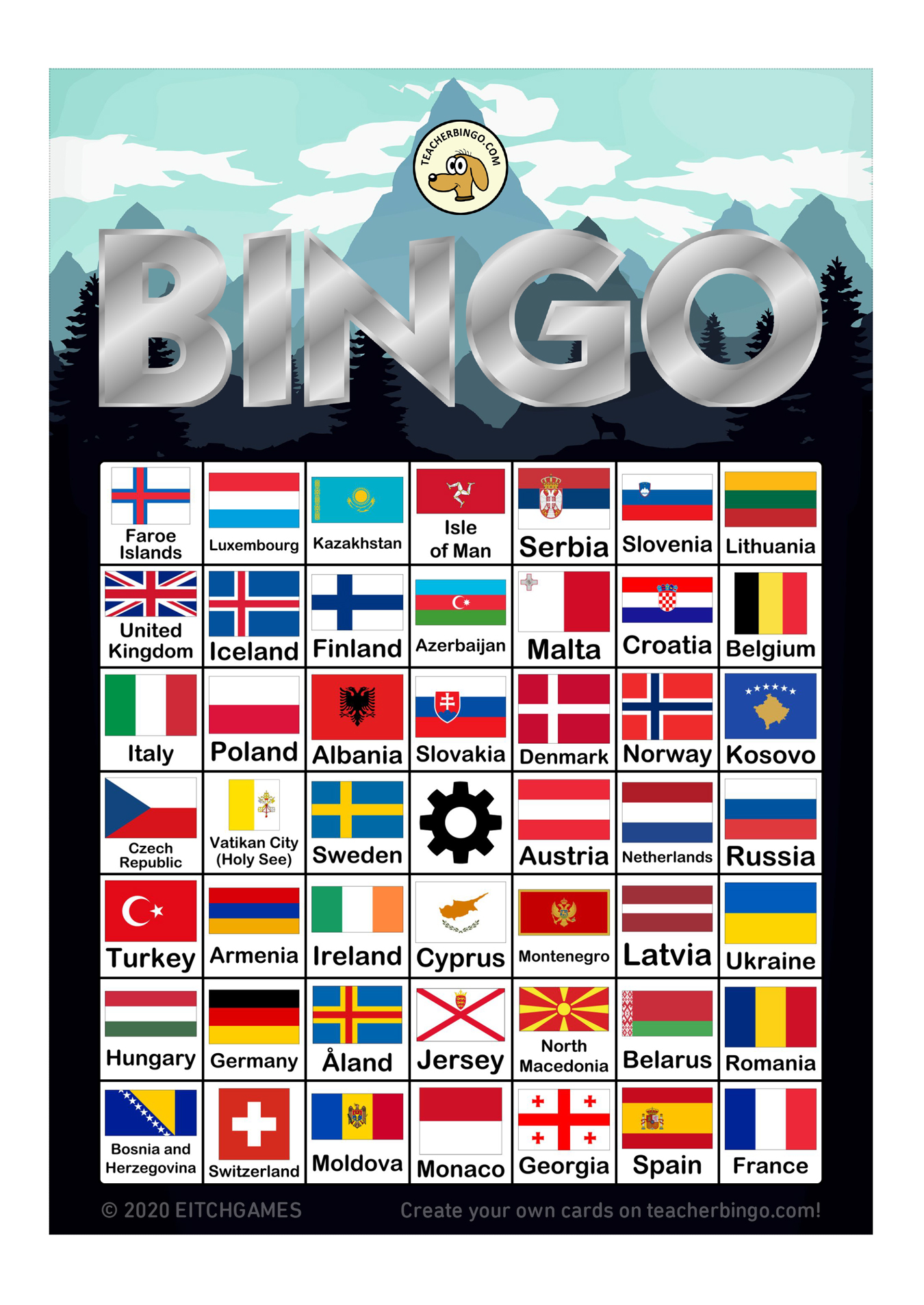Europe Flags Bingo 7x7 (5 pages + call sheet) | Made By Teachers