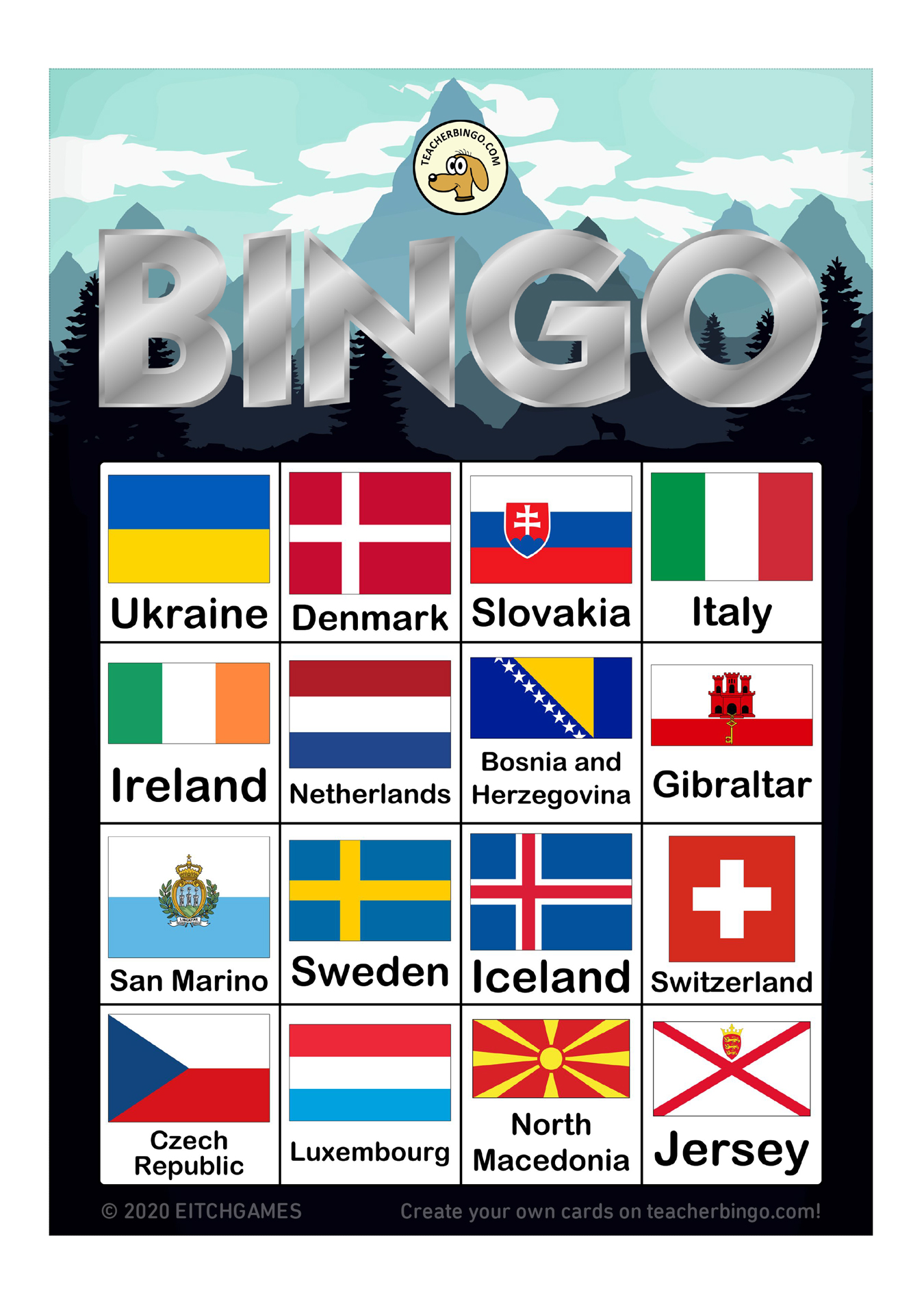 Europe Flags Bingo 4x4 (100 pages + call sheet) | Made By Teachers