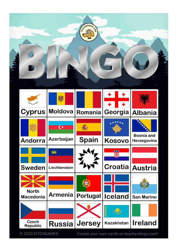 Europe Flags Bingo 5x5 (100 pages + call sheet) | Made By Teachers