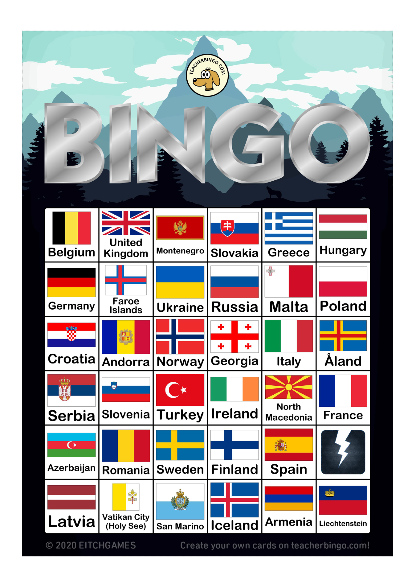 Europe Flags Bingo 6x6 (100 pages + call sheet) | Made By Teachers