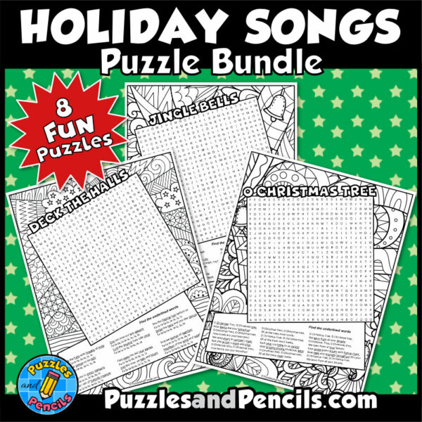 Holiday Songs Word Search Activity Page BUNDLE | Christmas Fun Series ...