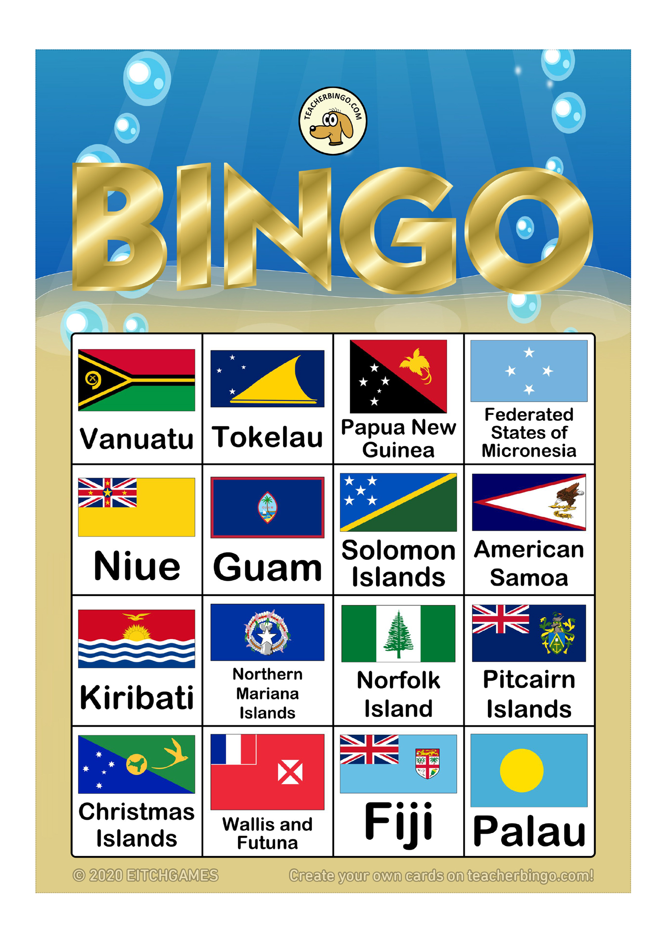 Oceania Flags Bingo 4x4 (5 pages + call sheet) | Made By Teachers