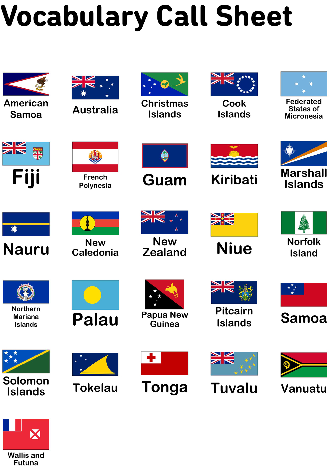 Oceania Flags Bingo 4x4 (5 pages + call sheet) | Made By Teachers
