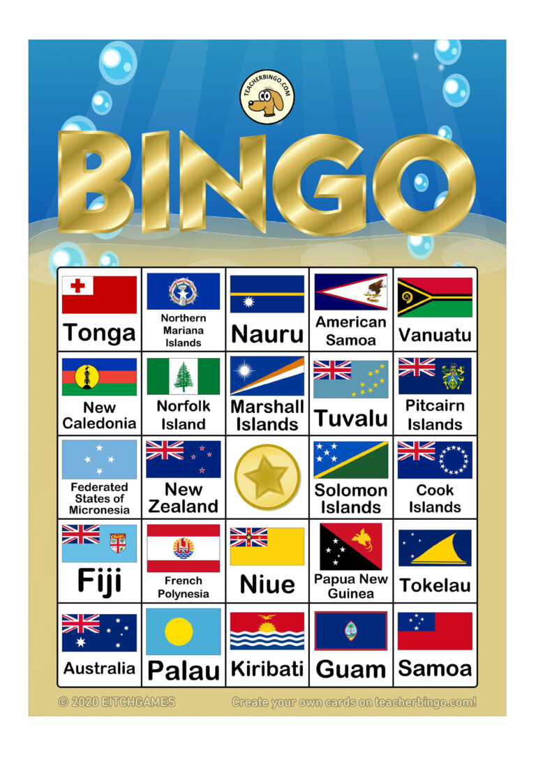 Oceania Flags Bingo 5x5 (5 pages + call sheet) | Made By Teachers