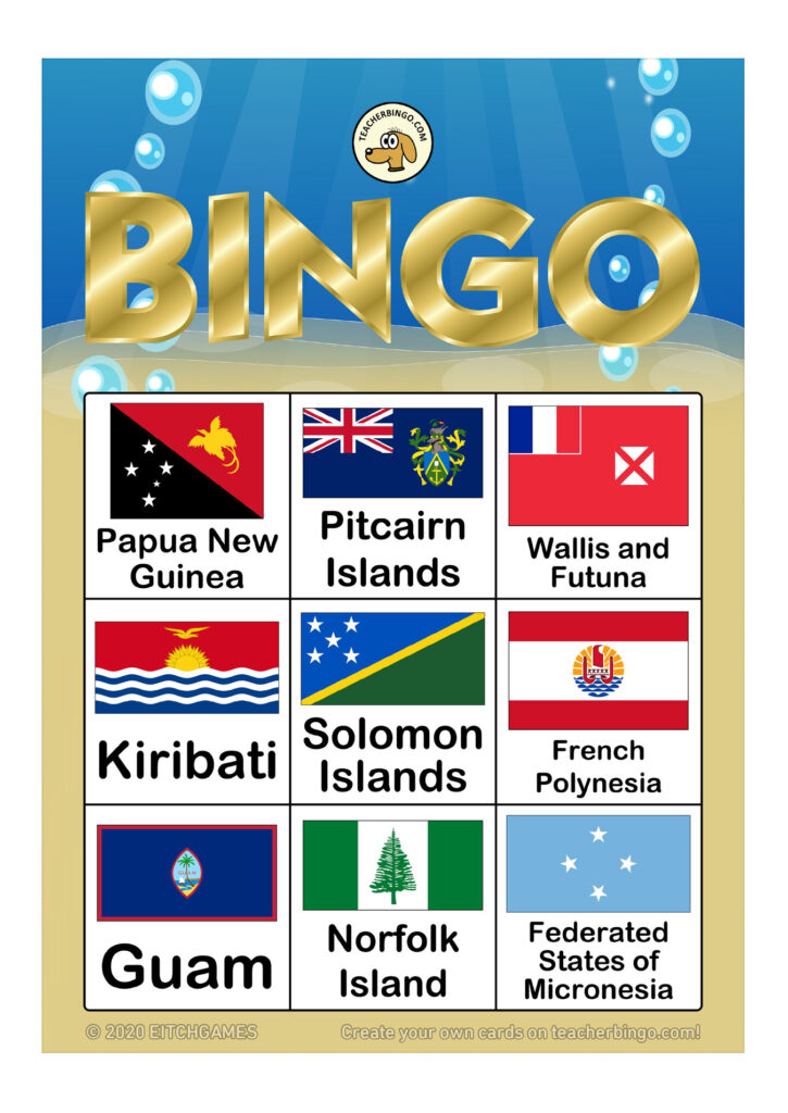 Oceania Flags Bingo 3x3 (100 pages + call sheet) | Made By Teachers