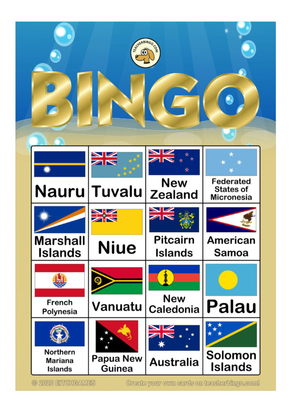 Oceania Flags Bingo 4x4 (100 pages + call sheet) | Made By Teachers