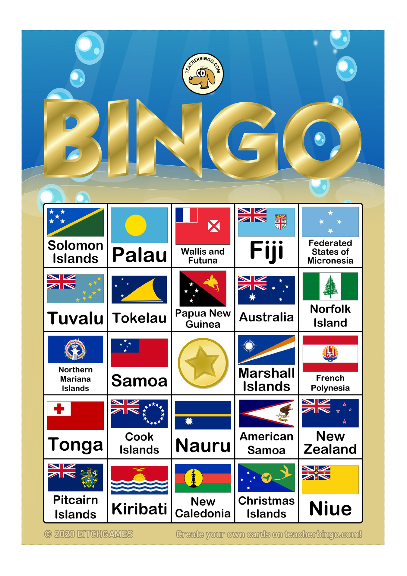 Oceania Flags Bingo 5x5 (100 pages + call sheet) | Made By Teachers