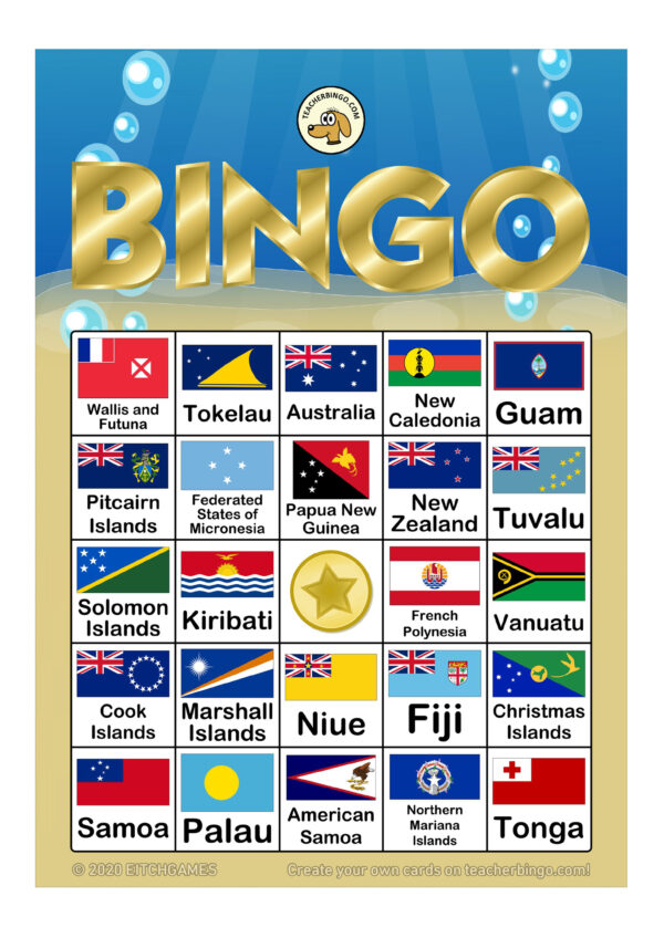 Oceania Flags Bingo 5x5 (100 pages + call sheet) | Made By Teachers