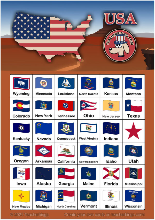 US States’ Flags Bingo 6x6 (5 pages + call sheet) | Made By Teachers