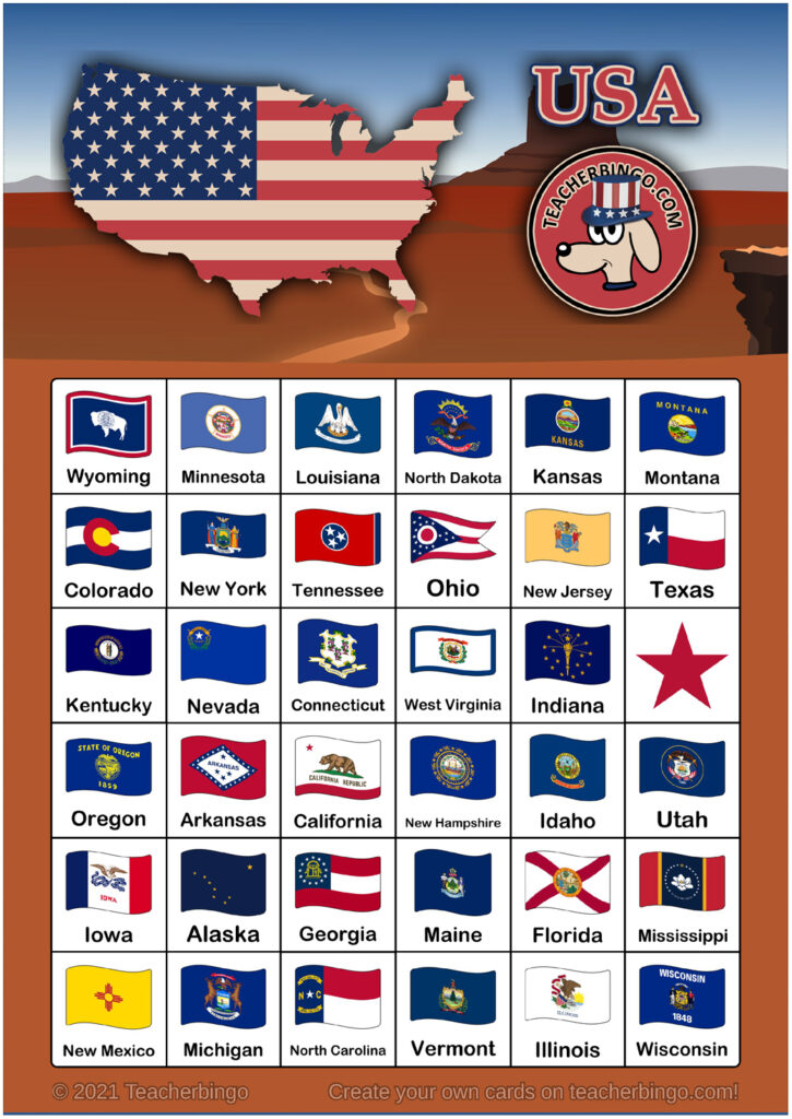 US States’ Flags Bingo 6x6 (5 pages + call sheet) | Made By Teachers