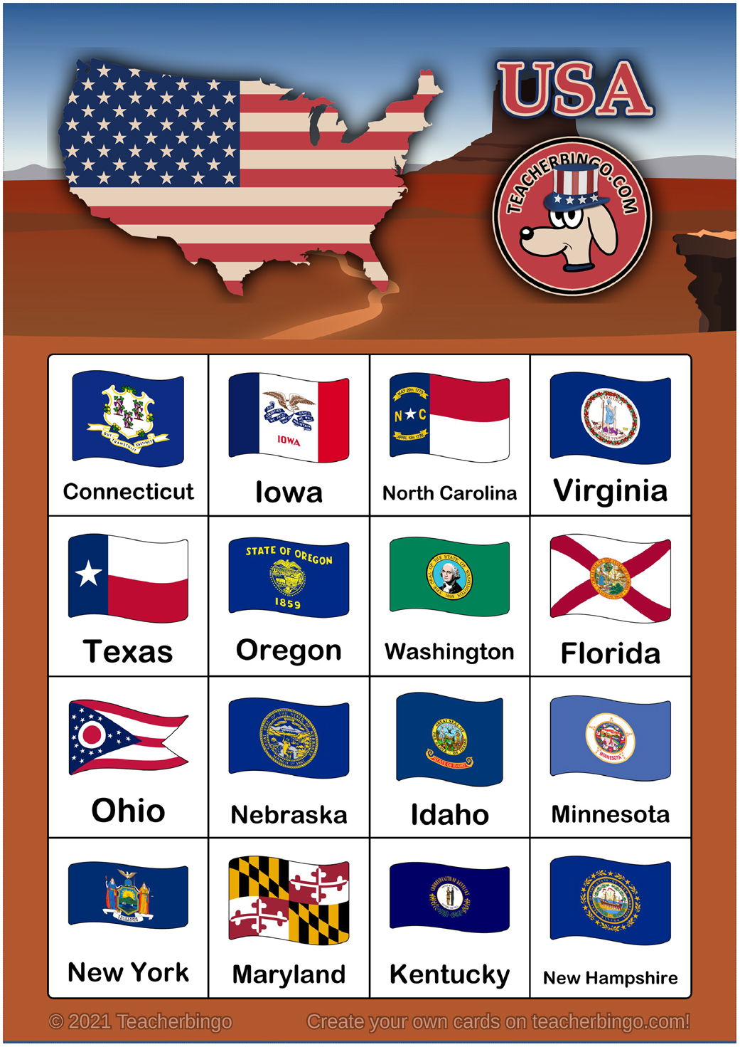 US States’ Flags Bingo 4x4 (100 pages + call sheet) | Made By Teachers