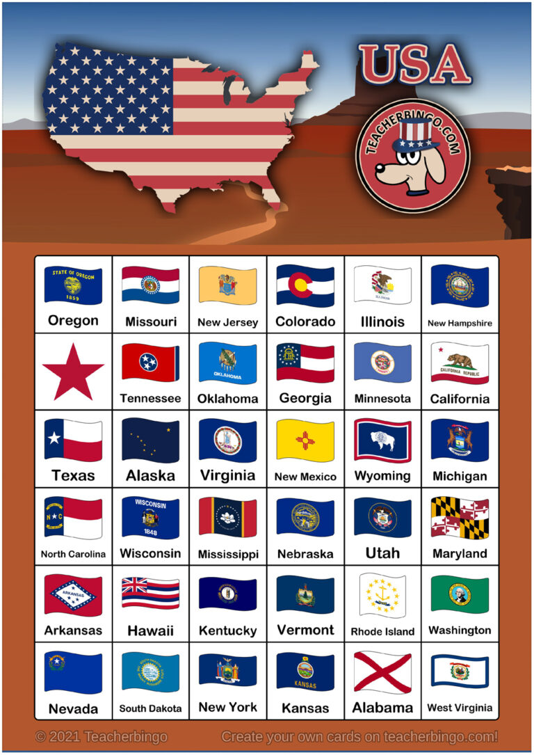 US States’ Flags Bingo 6x6 (100 pages + call sheet) | Made By Teachers