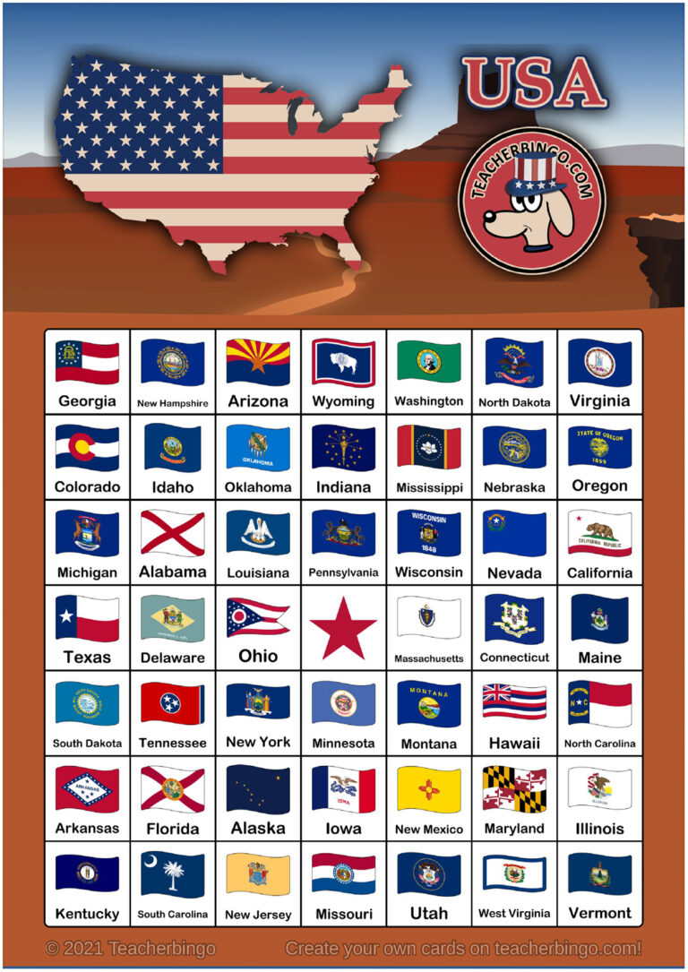 US States’ Flags Bingo 7x7 (100 pages + call sheet) | Made By Teachers