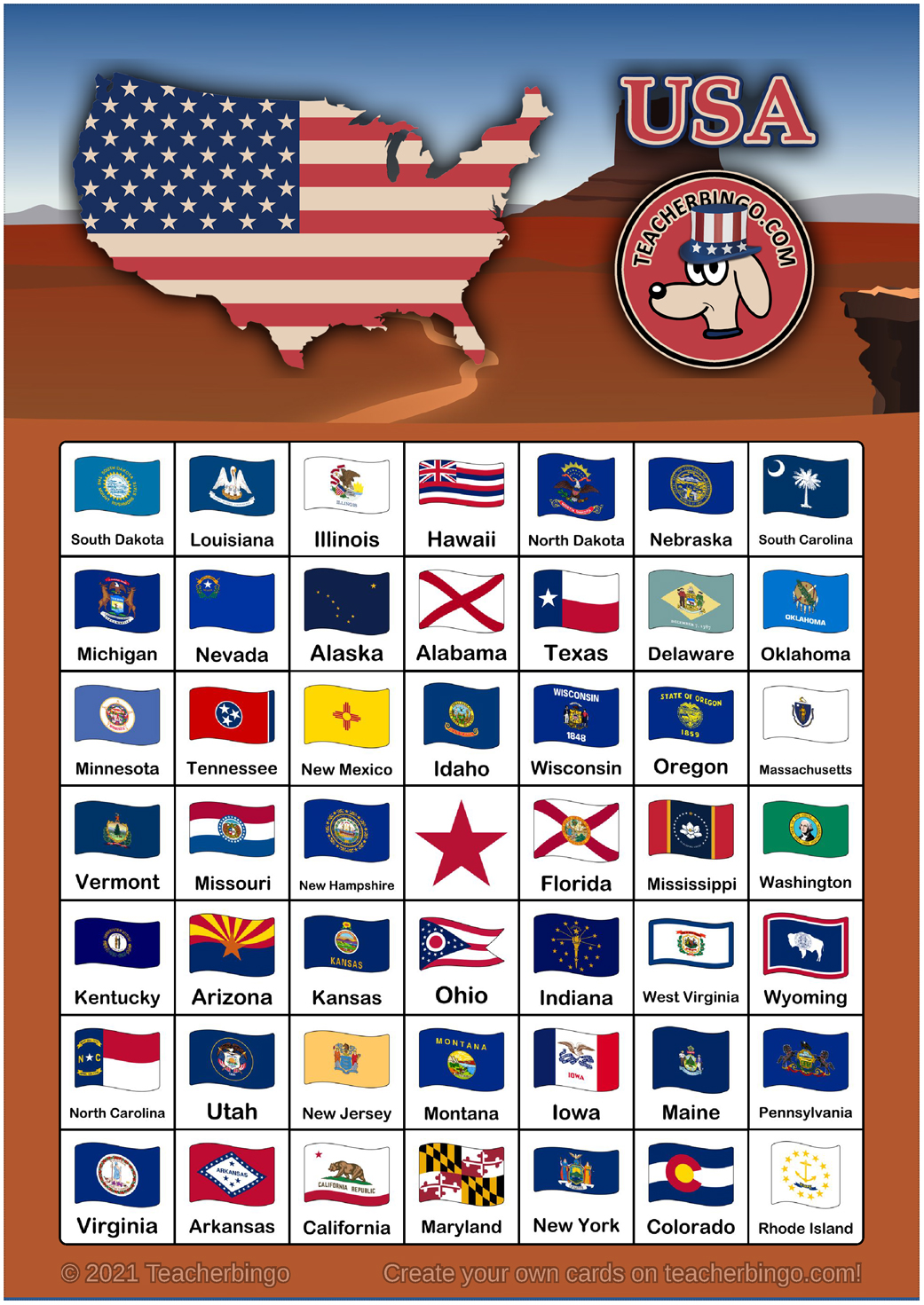 US States’ Flags Bingo 7x7 (100 pages + call sheet) | Made By Teachers