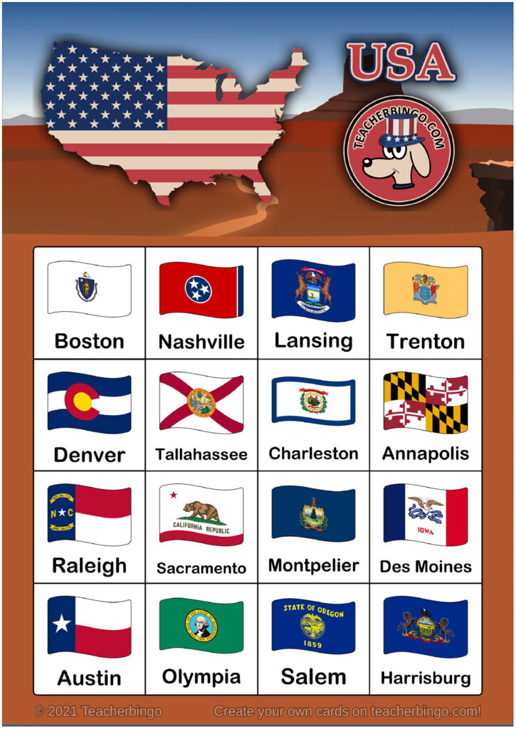 US States’ Capitals Bingo 6x6 (100 pages + call sheet) | Made By Teachers