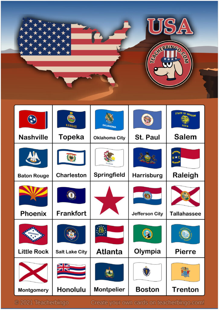US States’ Capitals Bingo 5x5 (5 pages + call sheet) | Made By Teachers