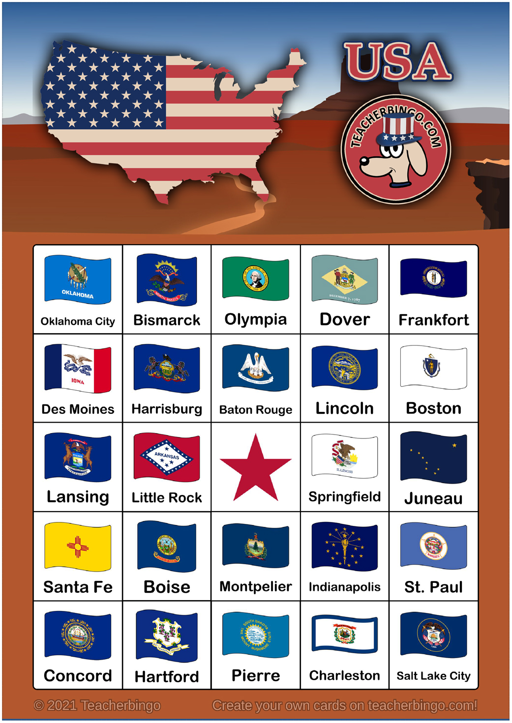 US States’ Capitals Bingo 5x5 (5 pages + call sheet) | Made By Teachers