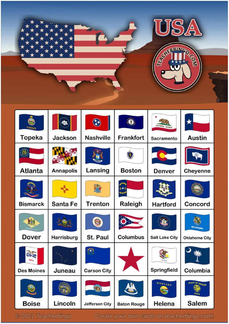 US States’ Capitals Bingo 6x6 (5 pages + call sheet) | Made By Teachers