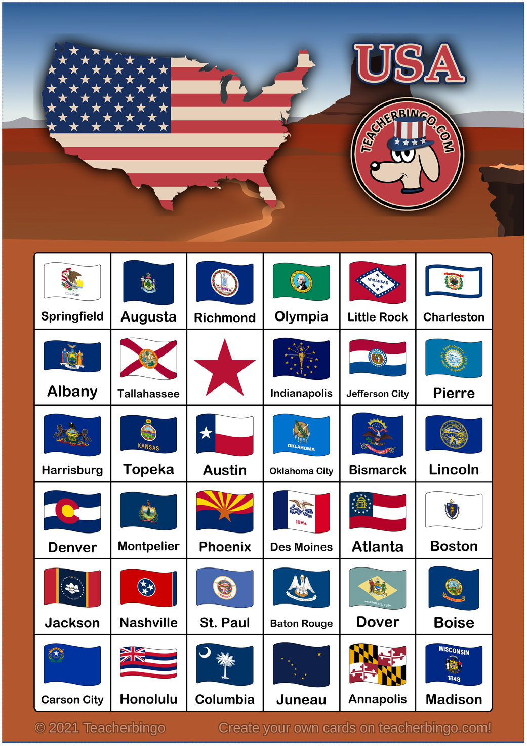 US States’ Capitals Bingo 6x6 (5 pages + call sheet) | Made By Teachers