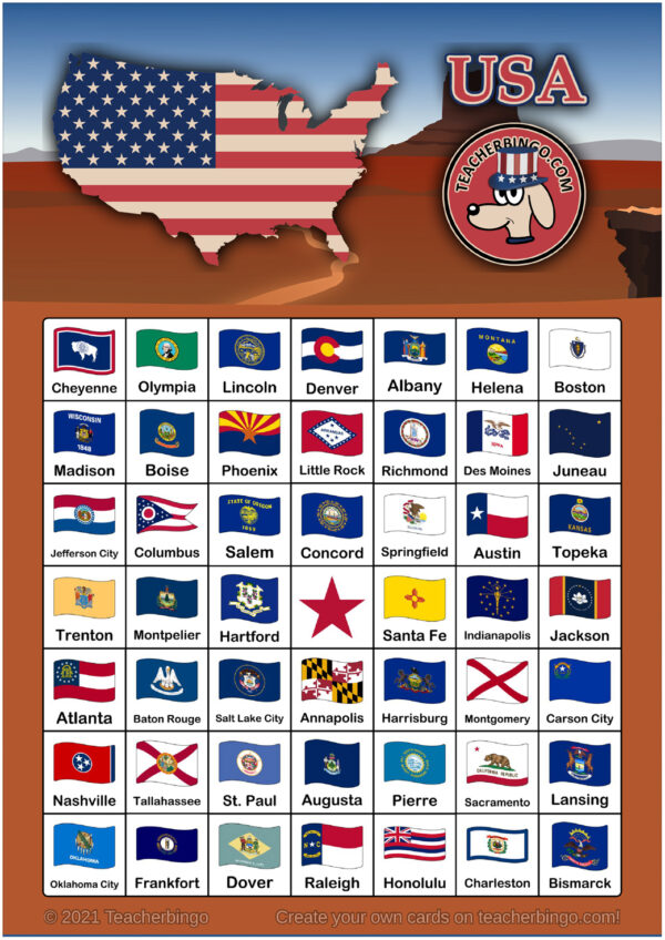 US States’ Capitals Bingo 7x7 (5 pages + call sheet) | Made By Teachers