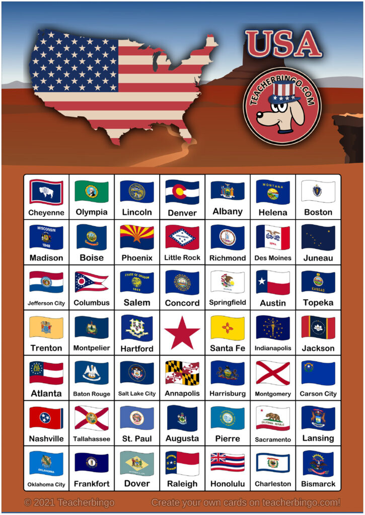 US States’ Capitals Bingo 7x7 (5 pages + call sheet) | Made By Teachers