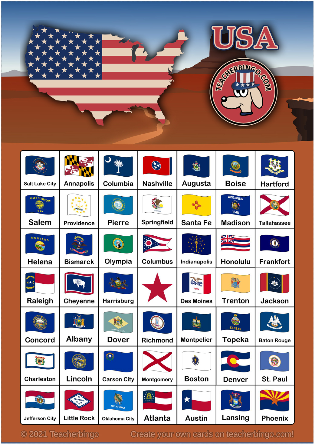US States’ Capitals Bingo 7x7 (5 pages + call sheet) | Made By Teachers