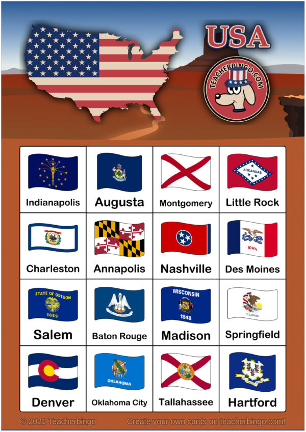 US States’ Capitals Bingo 4x4 (100 pages + call sheet) | Made By Teachers
