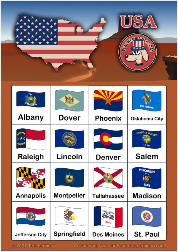 US States’ Capitals Bingo 4x4 (100 pages + call sheet) | Made By Teachers