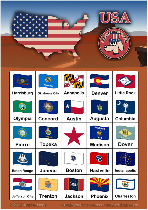 US States’ Capitals Bingo 5x5 (100 pages + call sheet) | Made By Teachers
