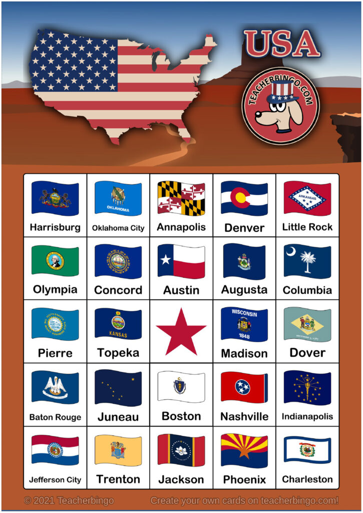 US States’ Capitals Bingo 5x5 (100 pages + call sheet) | Made By Teachers