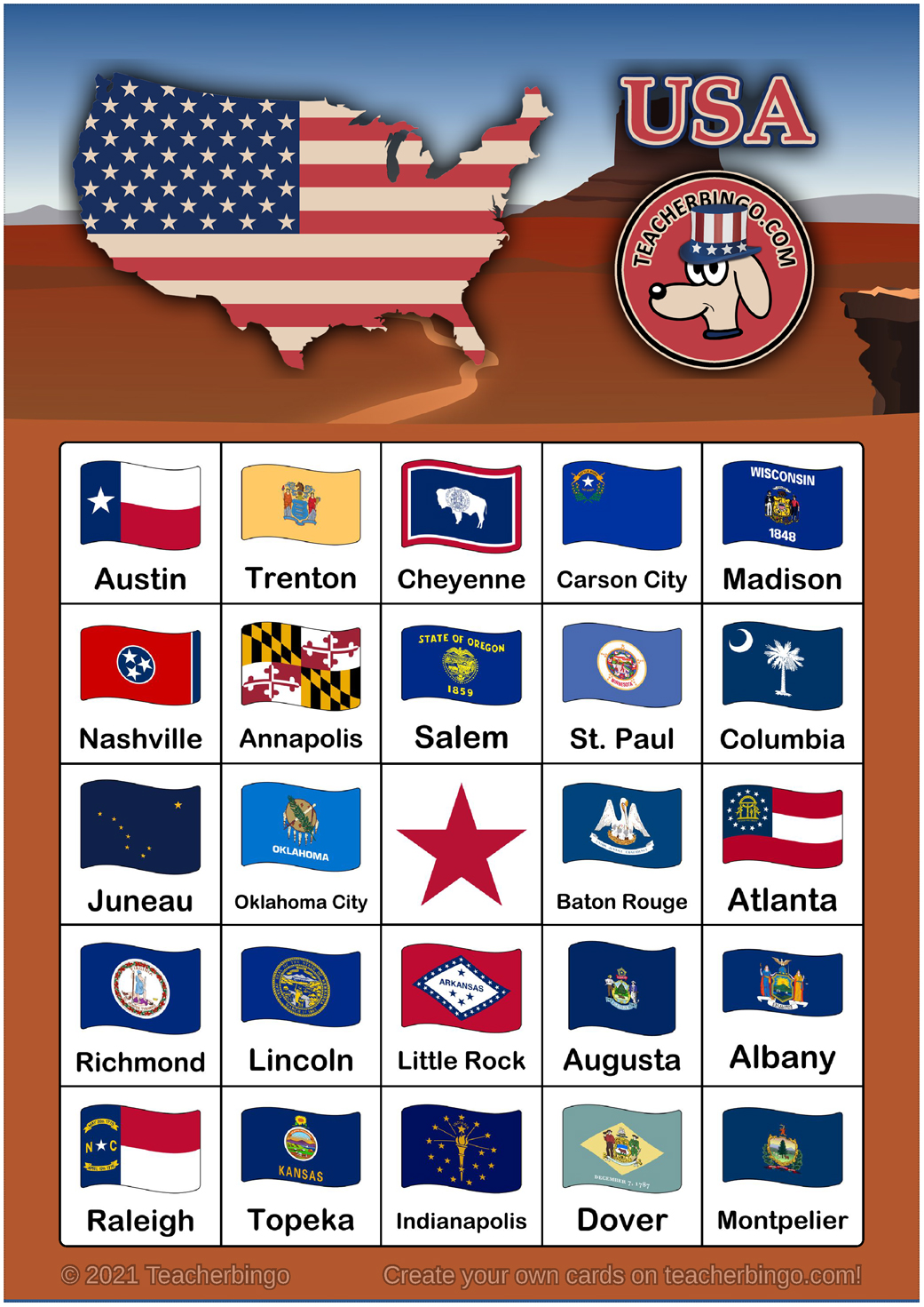 US States’ Capitals Bingo 5x5 (100 pages + call sheet) | Made By Teachers