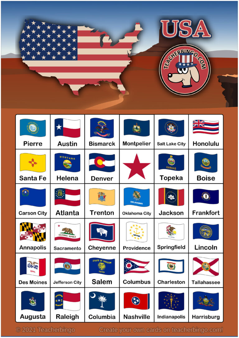 US States’ Capitals Bingo 6x6 (100 pages + call sheet) | Made By Teachers