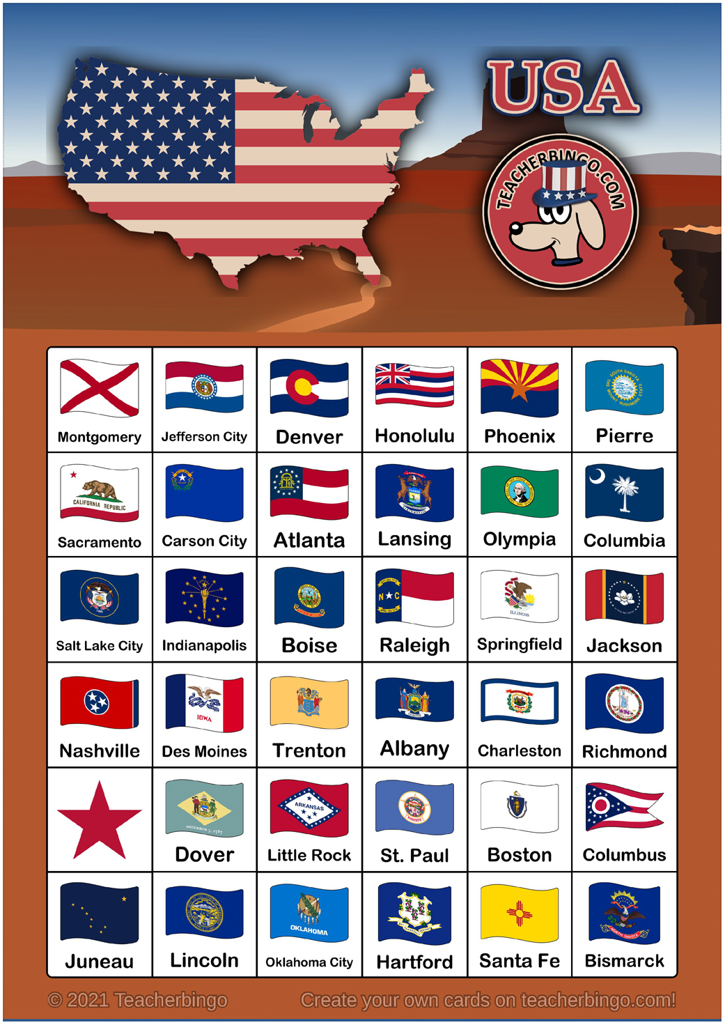 US States’ Capitals Bingo 6x6 (100 pages + call sheet) | Made By Teachers