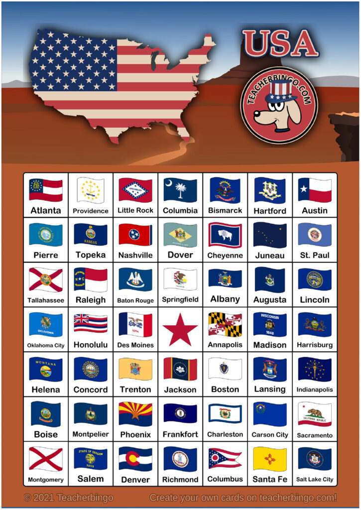 US States’ Capitals Bingo 7x7 (5 pages + call sheet) | Made By Teachers