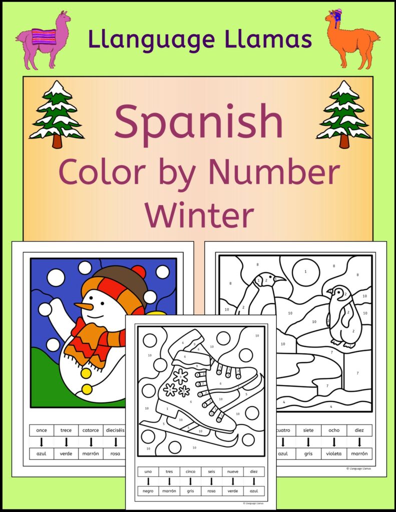 Spanish Color by Number Winter Pictures - Invierno - Made By Teachers
