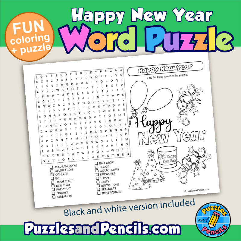 Happy New Year Word Search Puzzle Activity Page | Holiday Wordsearch ...