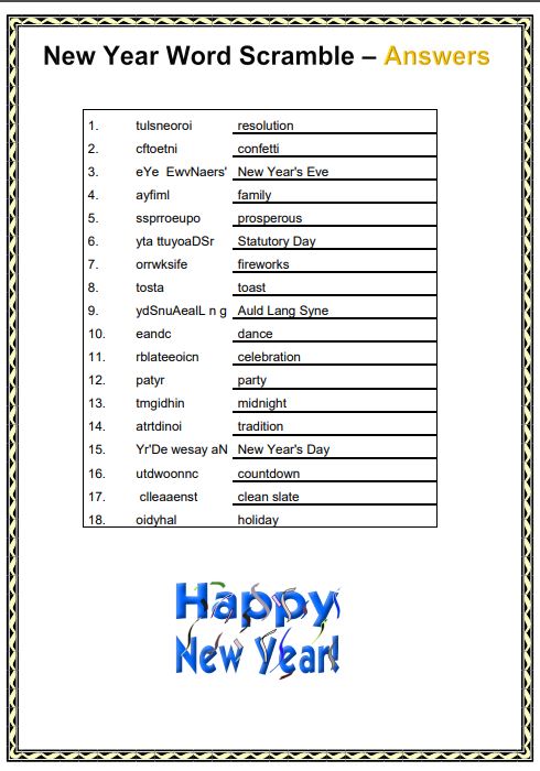 New Year Word Scramble with answers - black and white and color ...