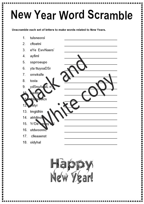 New Year Word Scramble with answers - black and white and color ...