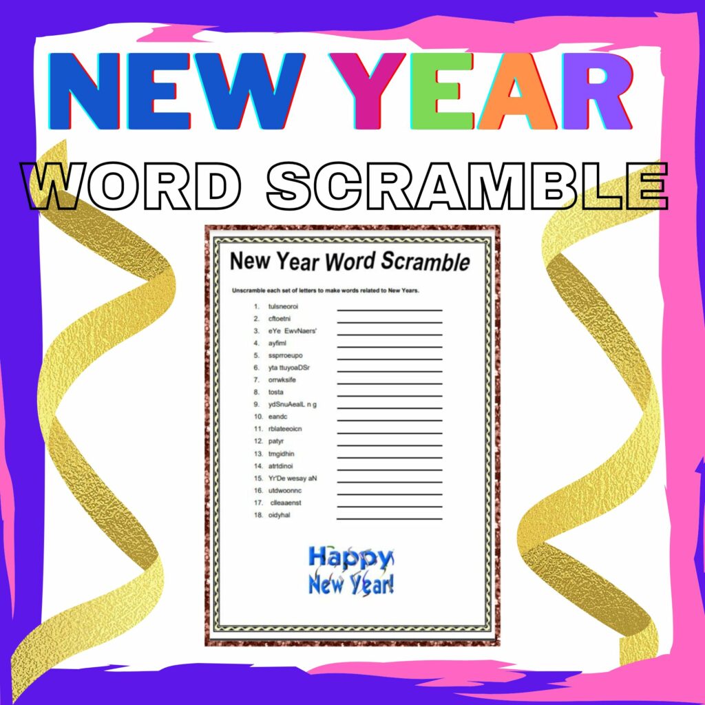 New Year Word Scramble with answers - black and white and color ...
