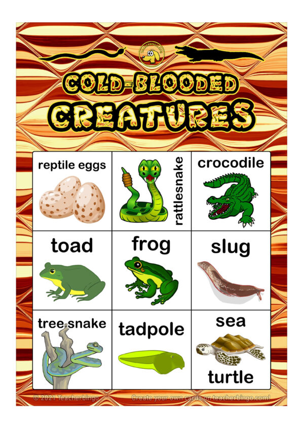 Cold-Blooded Creatures (Reptiles) Bingo 3x3 (5 pages + call sheet ...