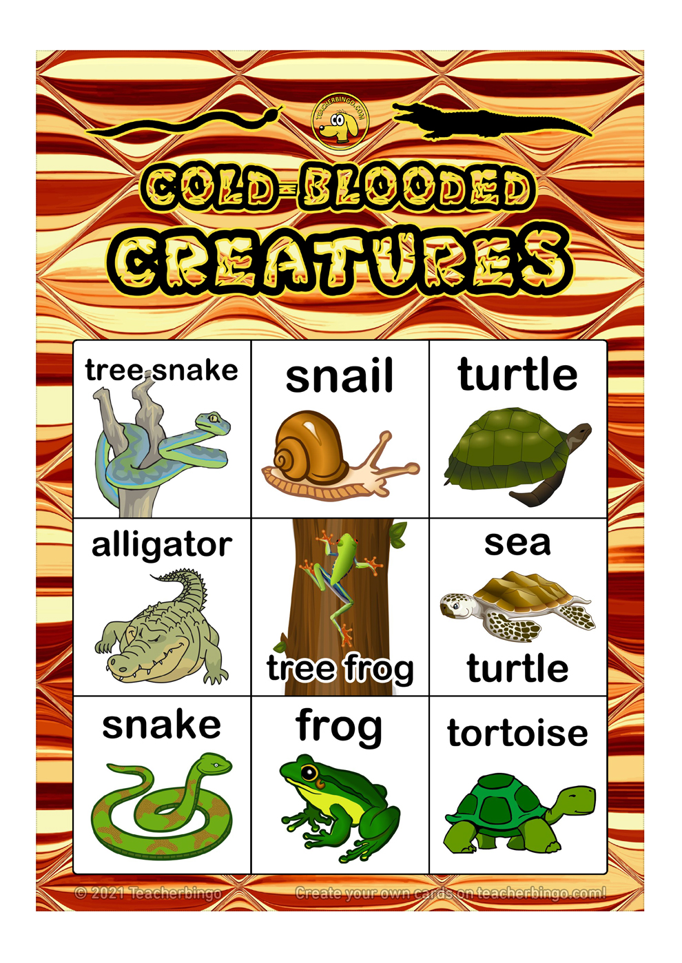 Cold-Blooded Creatures (Reptiles) Bingo 3x3 (5 pages + call sheet ...