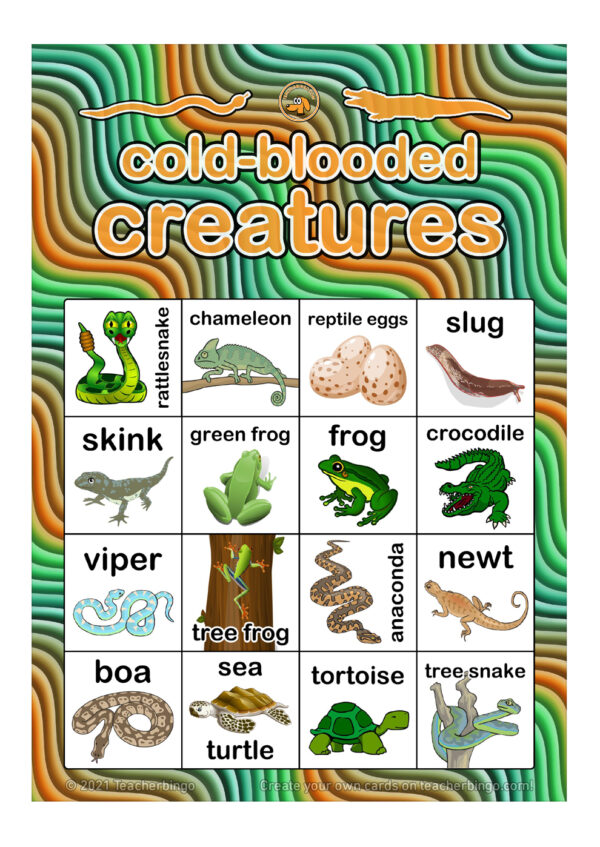 Cold-Blooded Creatures (Reptiles) Bingo 4x4 (5 pages + call sheet ...
