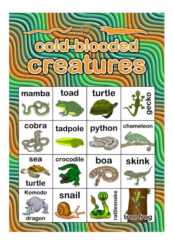 Cold-Blooded Creatures (Reptiles) Bingo 4x4 (5 pages + call sheet ...
