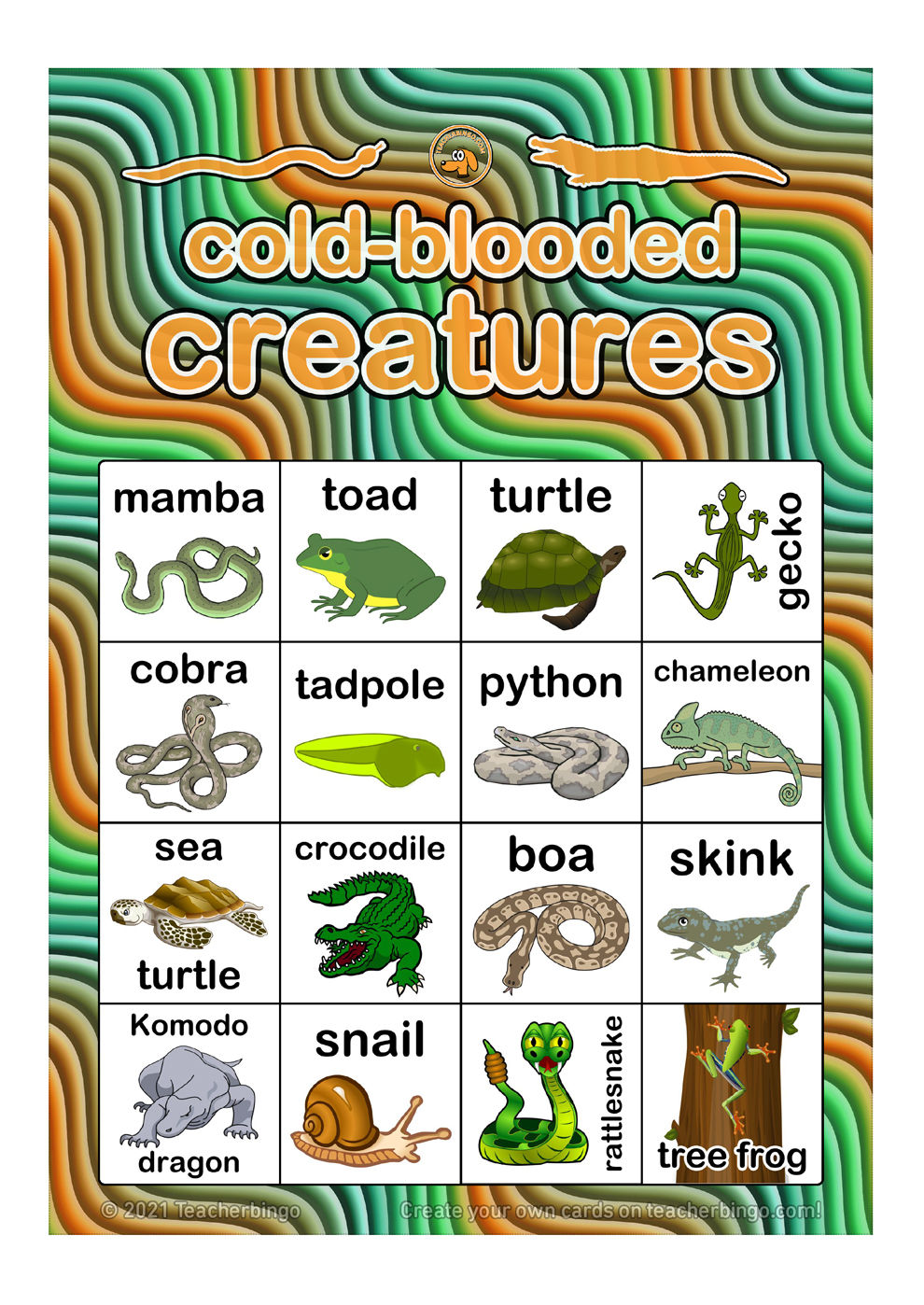 Cold-Blooded Creatures (Reptiles) Bingo 4x4 (5 pages + call sheet ...
