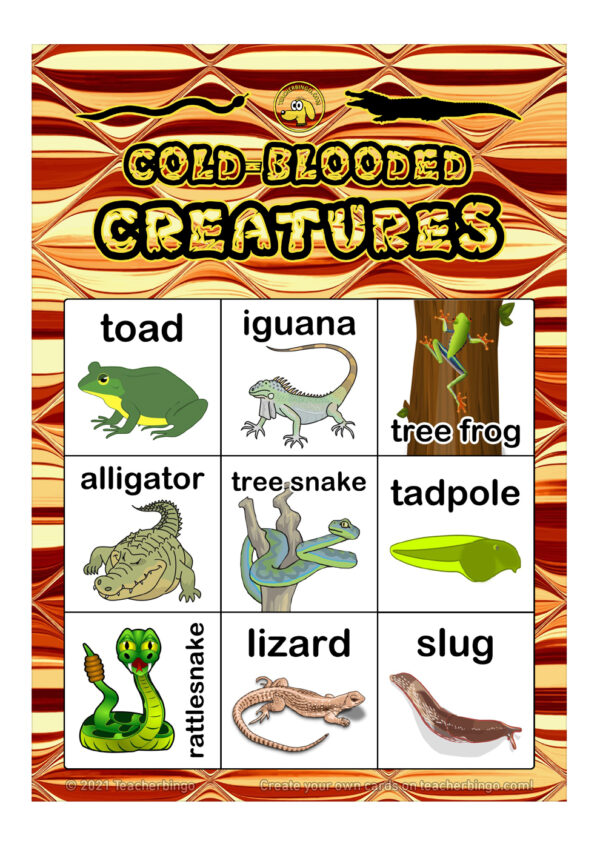 Cold-Blooded Creatures (Reptiles) Bingo 3x3 (100 pages + call sheet) | Made By Teachers