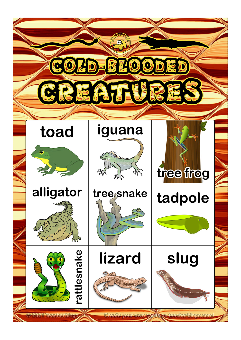Cold-Blooded Creatures (Reptiles) Bingo 3x3 (100 pages + call sheet ...