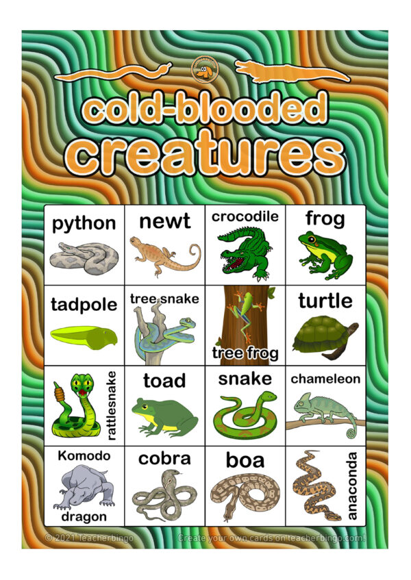 Cold-Blooded Creatures (Reptiles) Bingo 4x4 (100 pages + call sheet ...