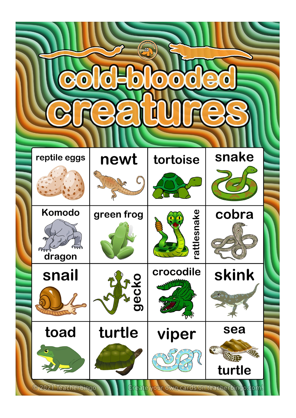 Cold-Blooded Creatures (Reptiles) Bingo 4x4 (100 pages + call sheet ...